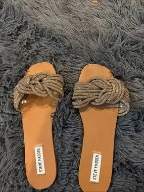 Steve Madden | Shoes | Steve Madden Tan Slides With Gold Beaded Knot ...
